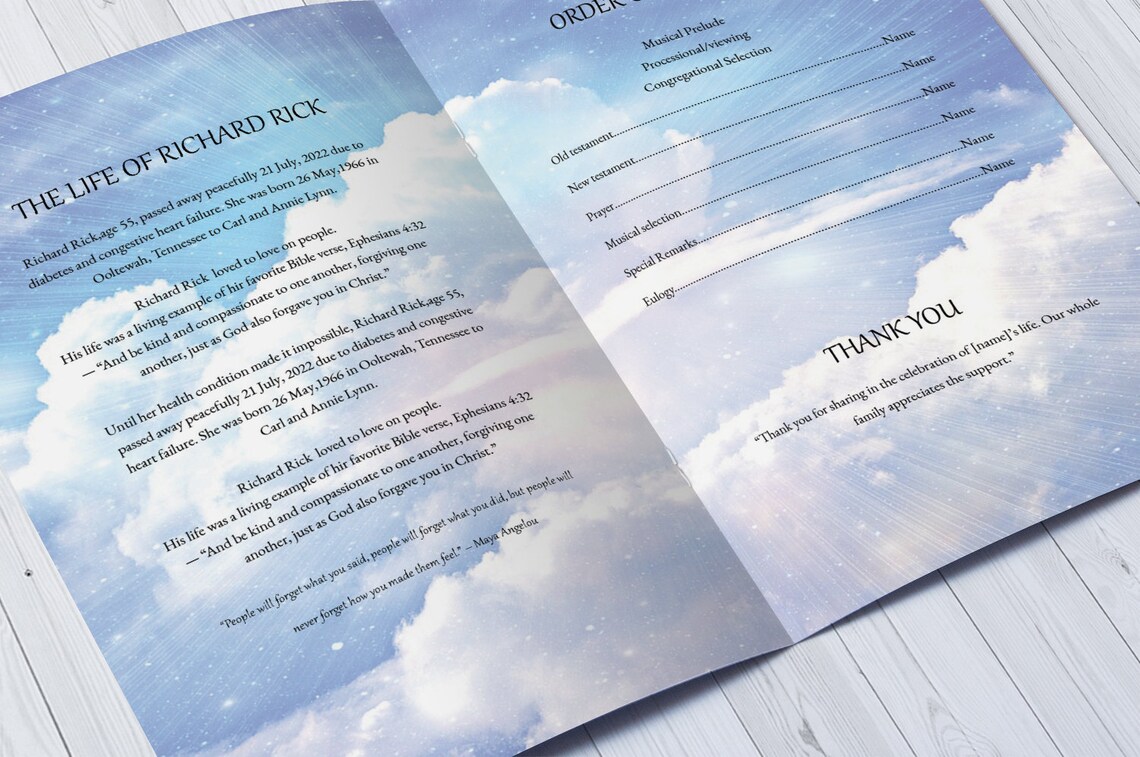 Heavenly Funeral Program Template: Printable Obituary (photoshop, MS ...