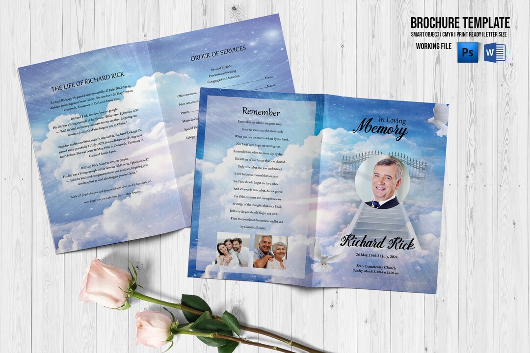 Heavenly Funeral Program Template, Printable Obituary Template ...