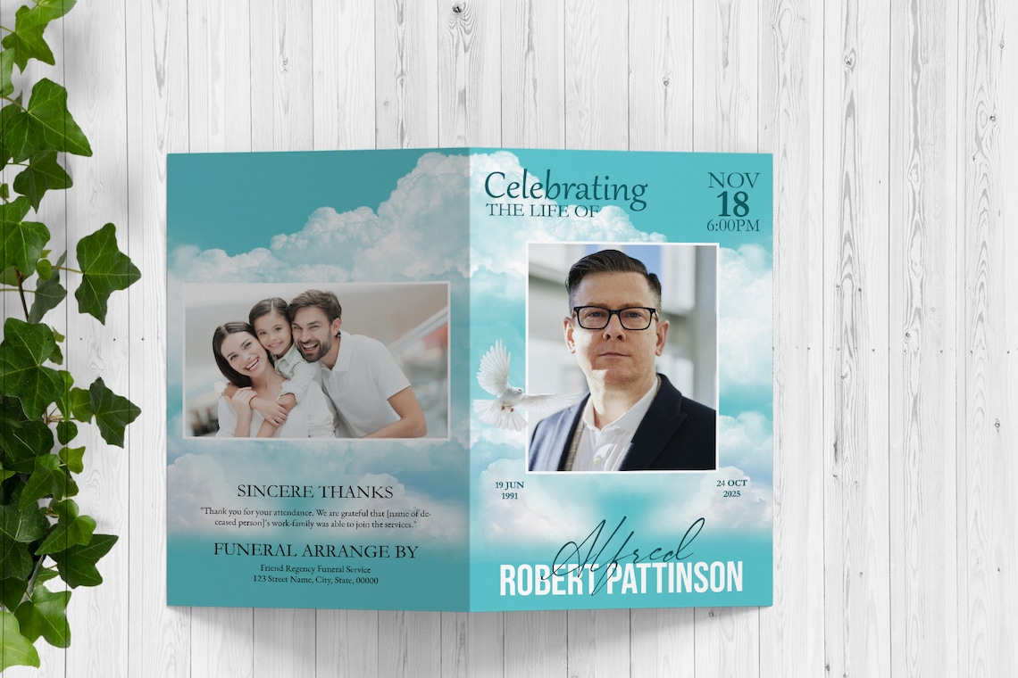 Heavenly Funeral Program Template: Obituary Memorial (photoshop, MS ...