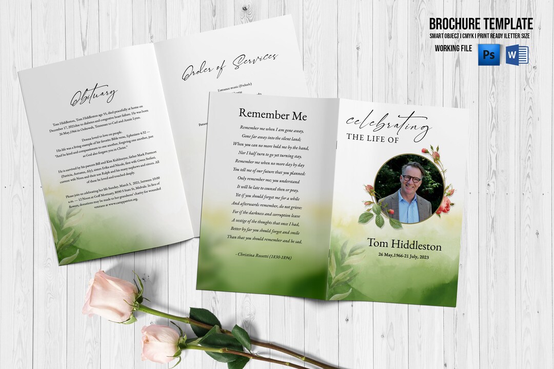 Funeral Program Template, Printable Watercolor Green Obituary Template ...