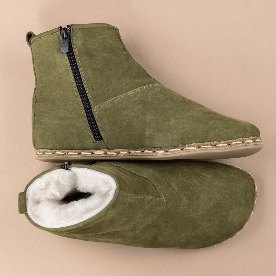 Sustainable Mens Barefoot Ankle Boots With Fur, Olive Wide Toe Box ...