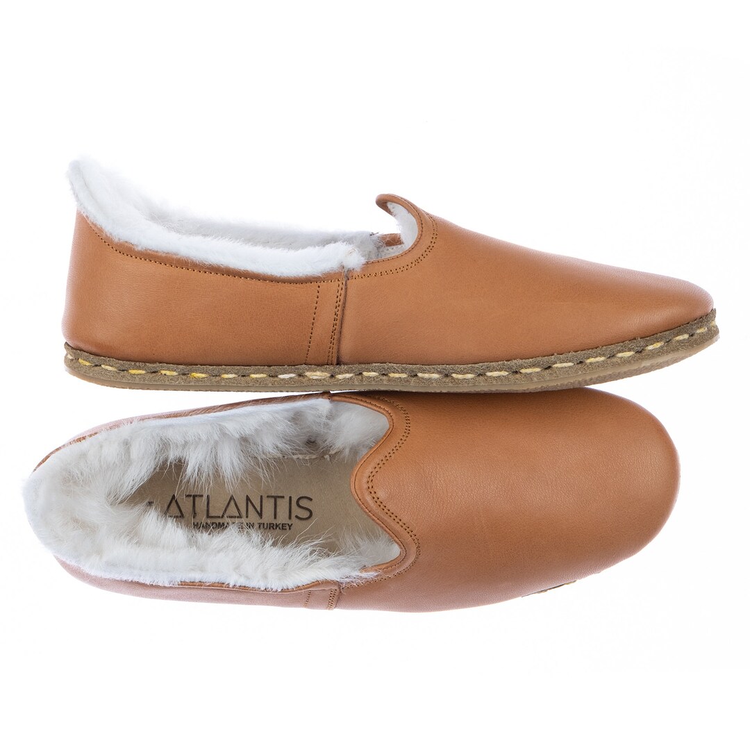 Mens Tan Color Leather Shearling Slip Ons, Turkish Shearling Shoes ...