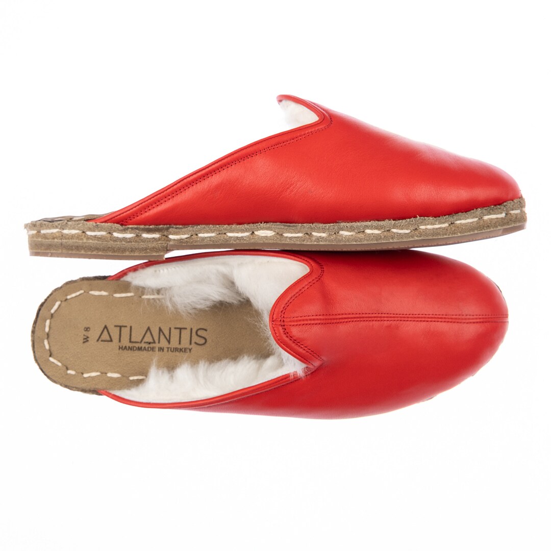 Womens Red Color Leather Shearling Slippers, Flat Slippers, Winter Slip ...