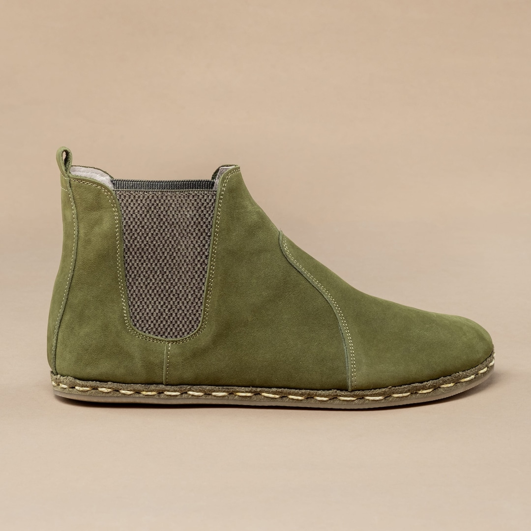 Sustainable Mens Barefoot Chelsea Boots, Olive Green Wide Toe Box Boots ...