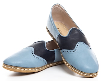 Womens Sky Blue Color Leather Handmade Slip On Turkish Shoes | Etsy