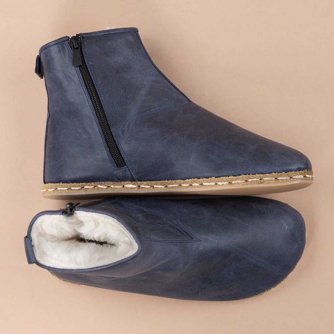 Sustainable Mens Barefoot Ankle Boots With Fur, Blue Wide Toe Box Boots ...