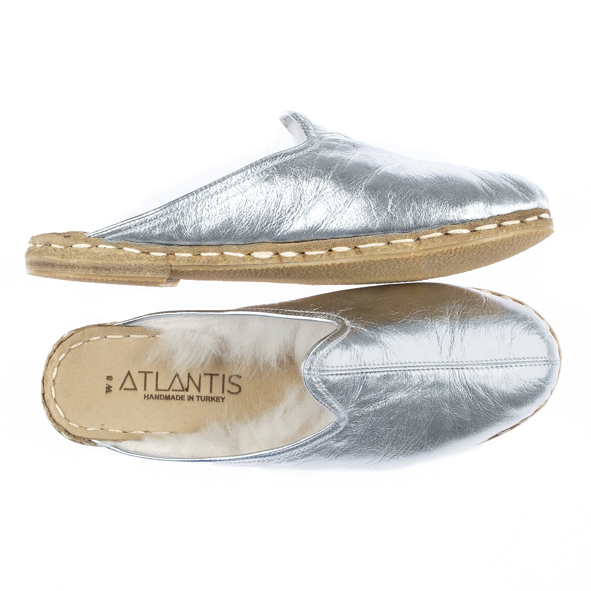 Women's Silver Color Leather Shearling Slippers Flat | Etsy