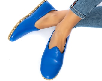 Womens Sky Blue Color Leather Handmade Slip On Turkish Shoes | Etsy