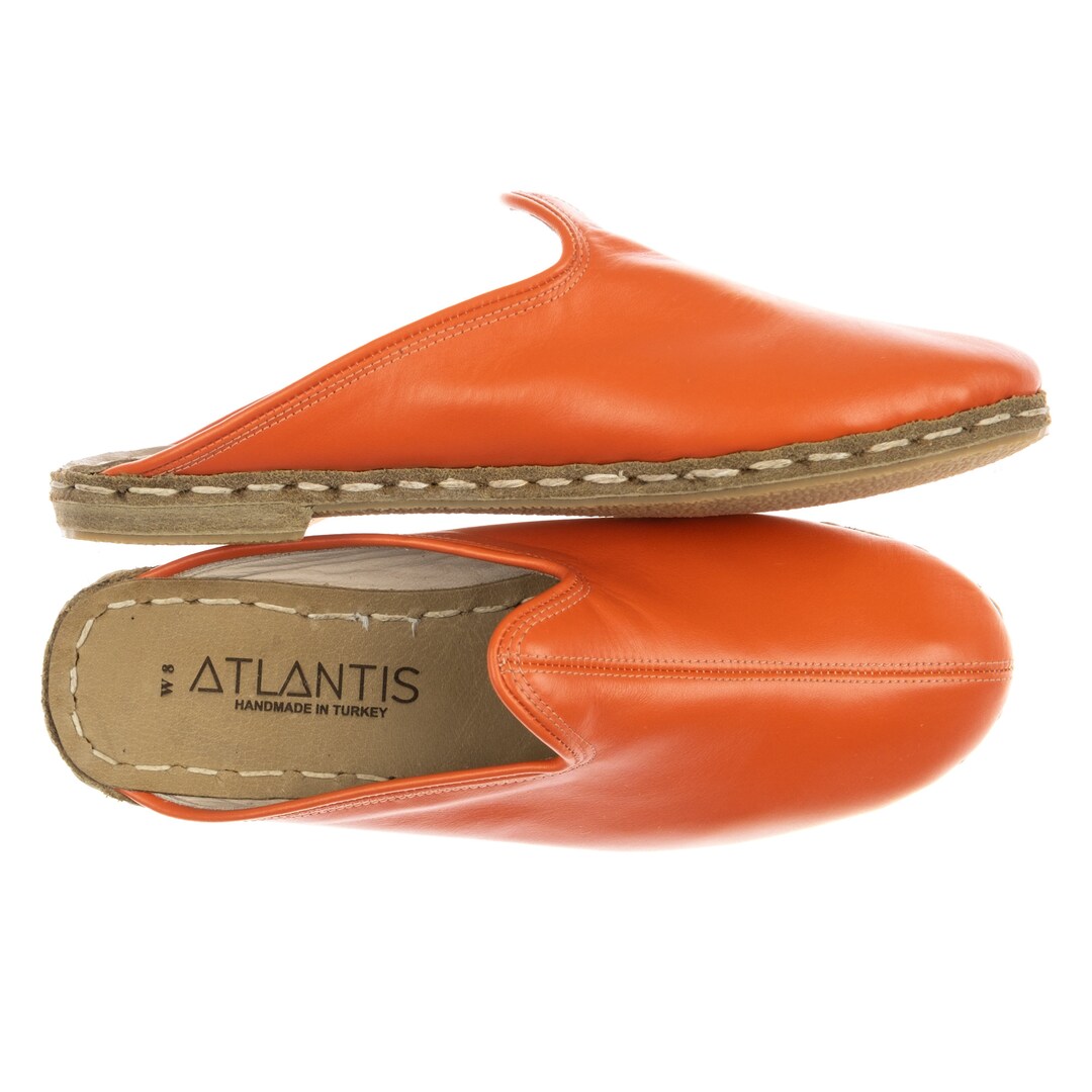 Mens Orange Color Leather Slippers, Flat Slippers, Winter Slip-ons ...