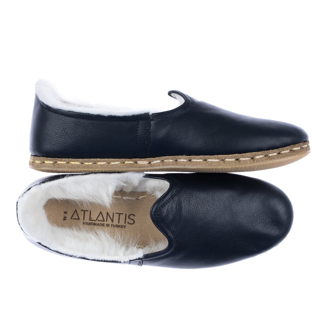 Womens Black Color Leather Handmade Shearling Slip Ons, Turkish ...