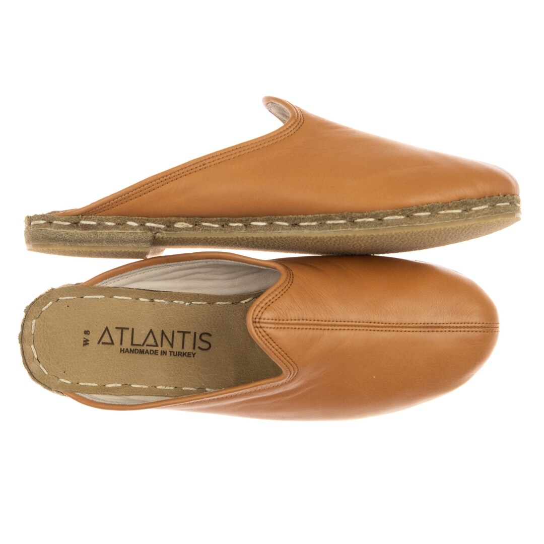Womens Tan Color Leather Slippers, Flat Slippers, Winter Slip-ons ...