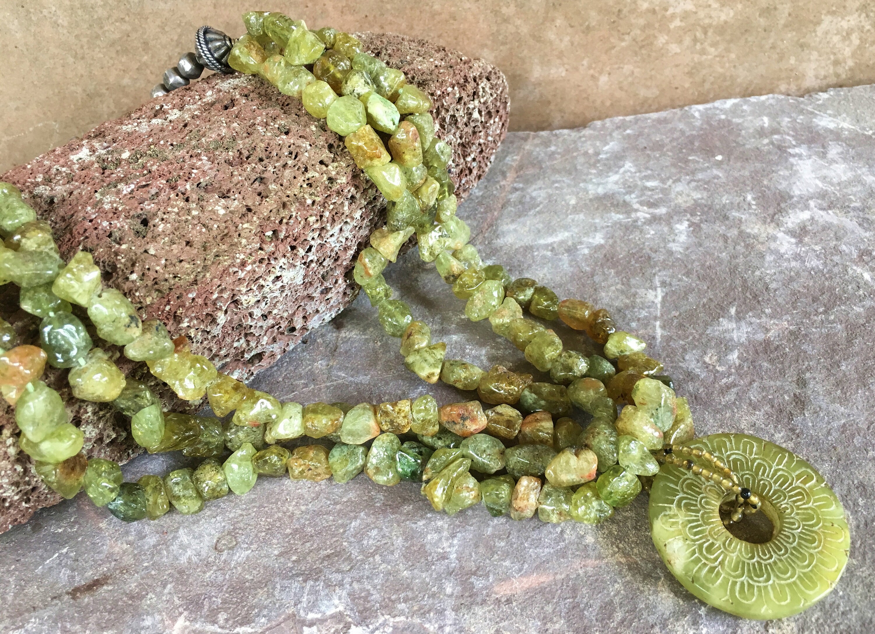 Green Garnets, African Green Garnet Necklace, Triple Strand of Green ...