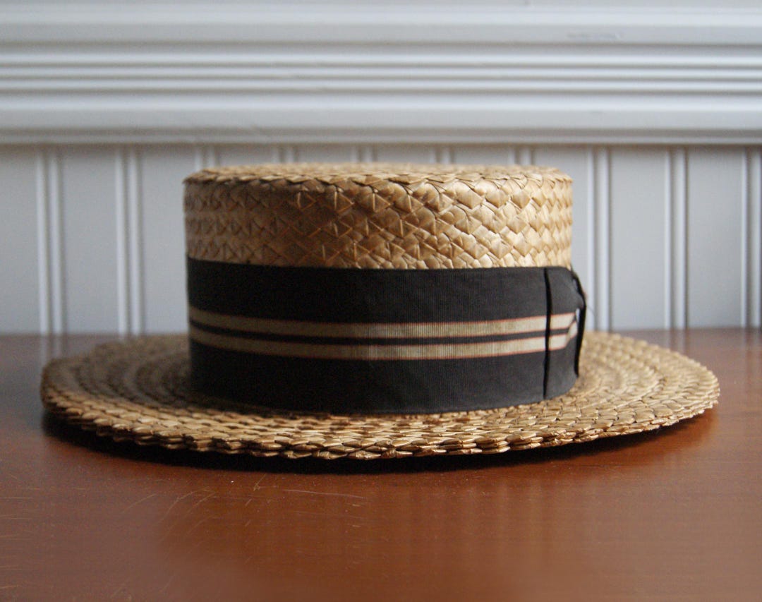 Antique Straw Boater Hat, 1920s, Skimmer, Brown Striped Grograin Ribbon ...