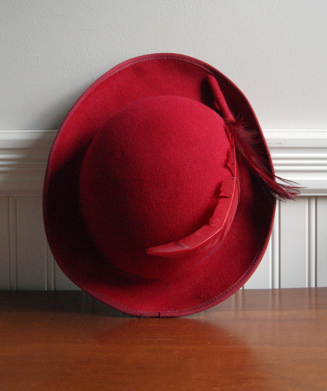 Vintage Red Wool Derby Hat, Bowler, Feathers, Lancaster, Made in the ...