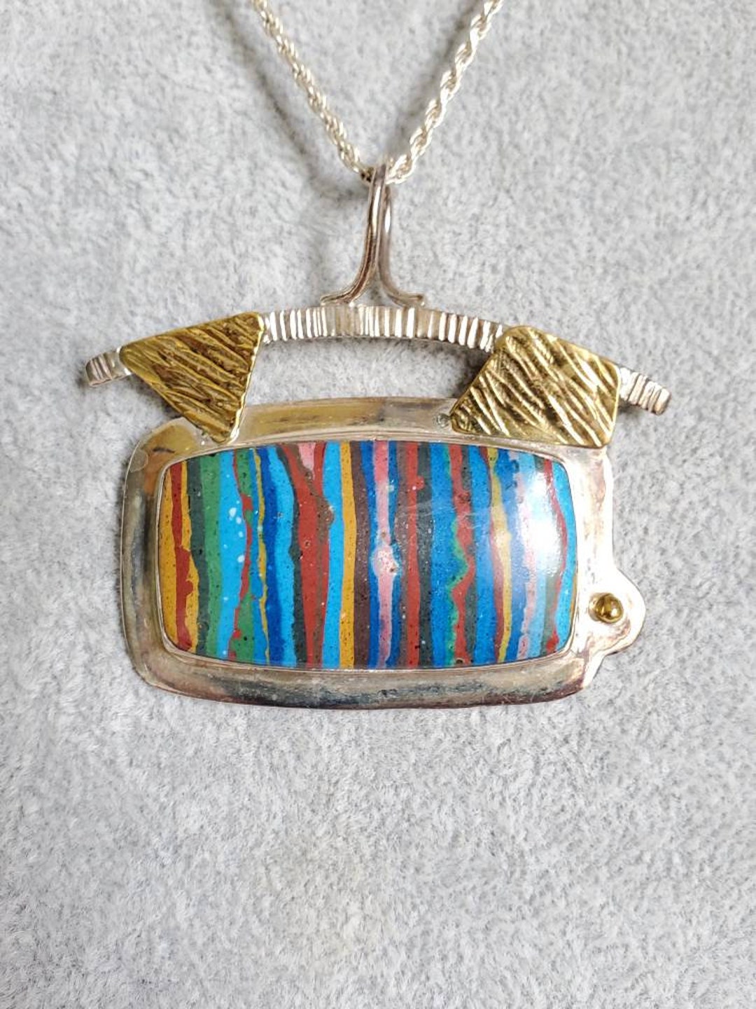 Vintage Sterling Silver Two Tone Rainbow Calsilica Gemstone Pendant ...