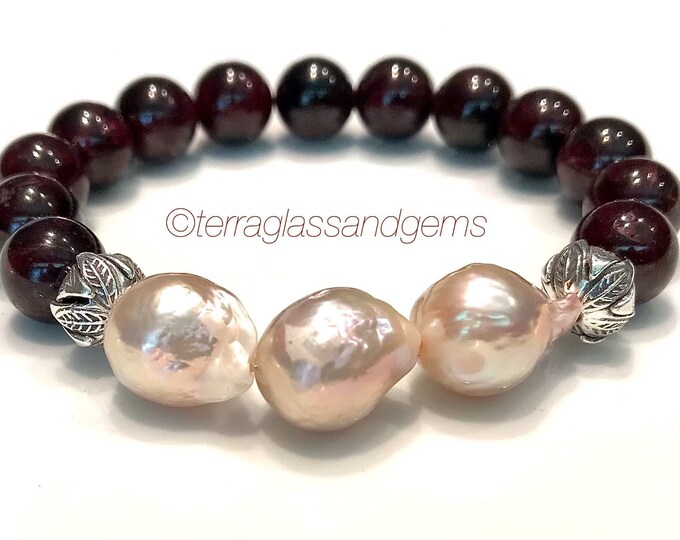 Garnet and Pearl Bracelet, 10mm, AA Grade, Genuine Garnet, Baroque ...
