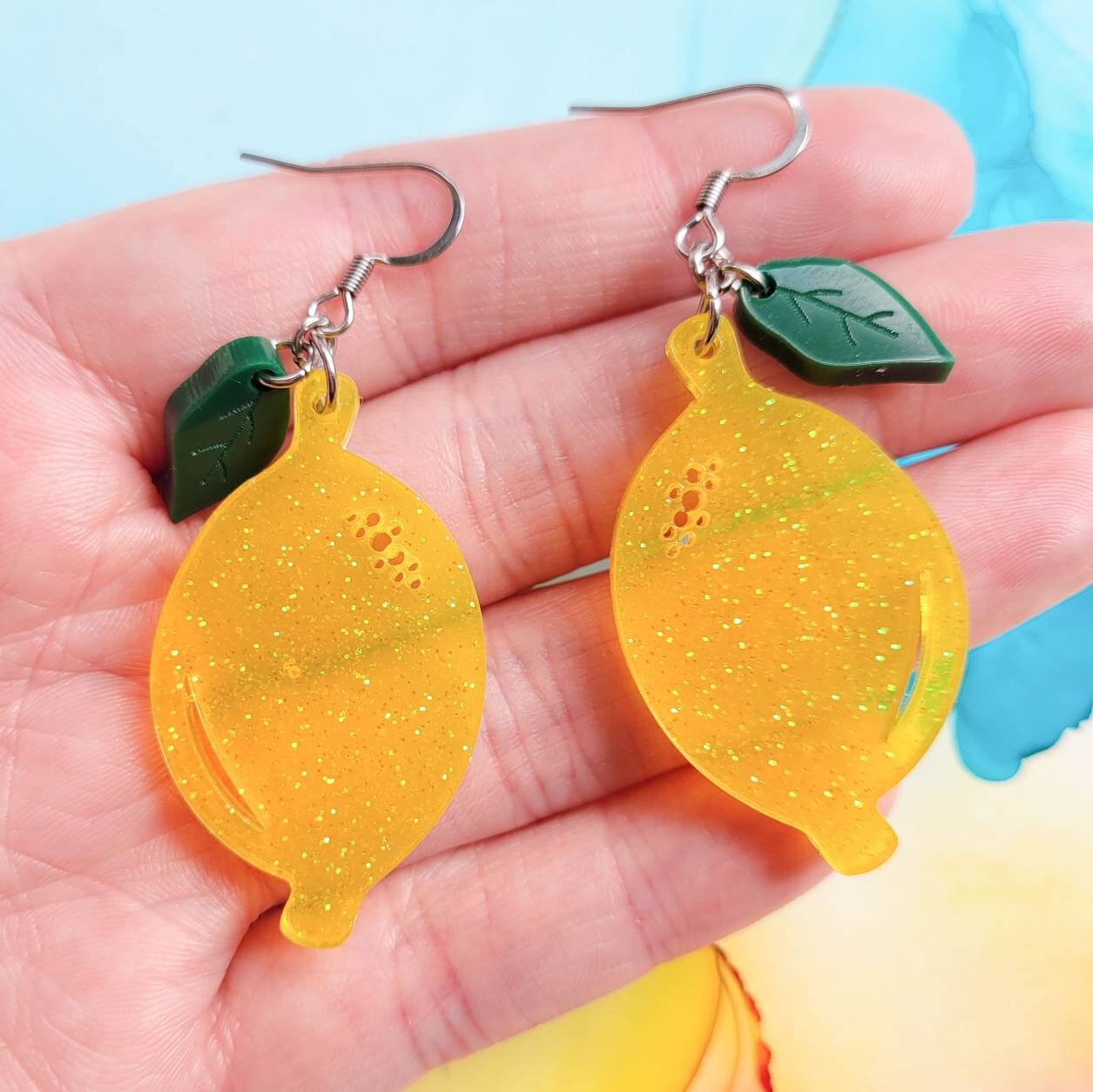Handmade Yellow and Glitter Transparent Lemon Resin Earrings With Green Leaves Etsy