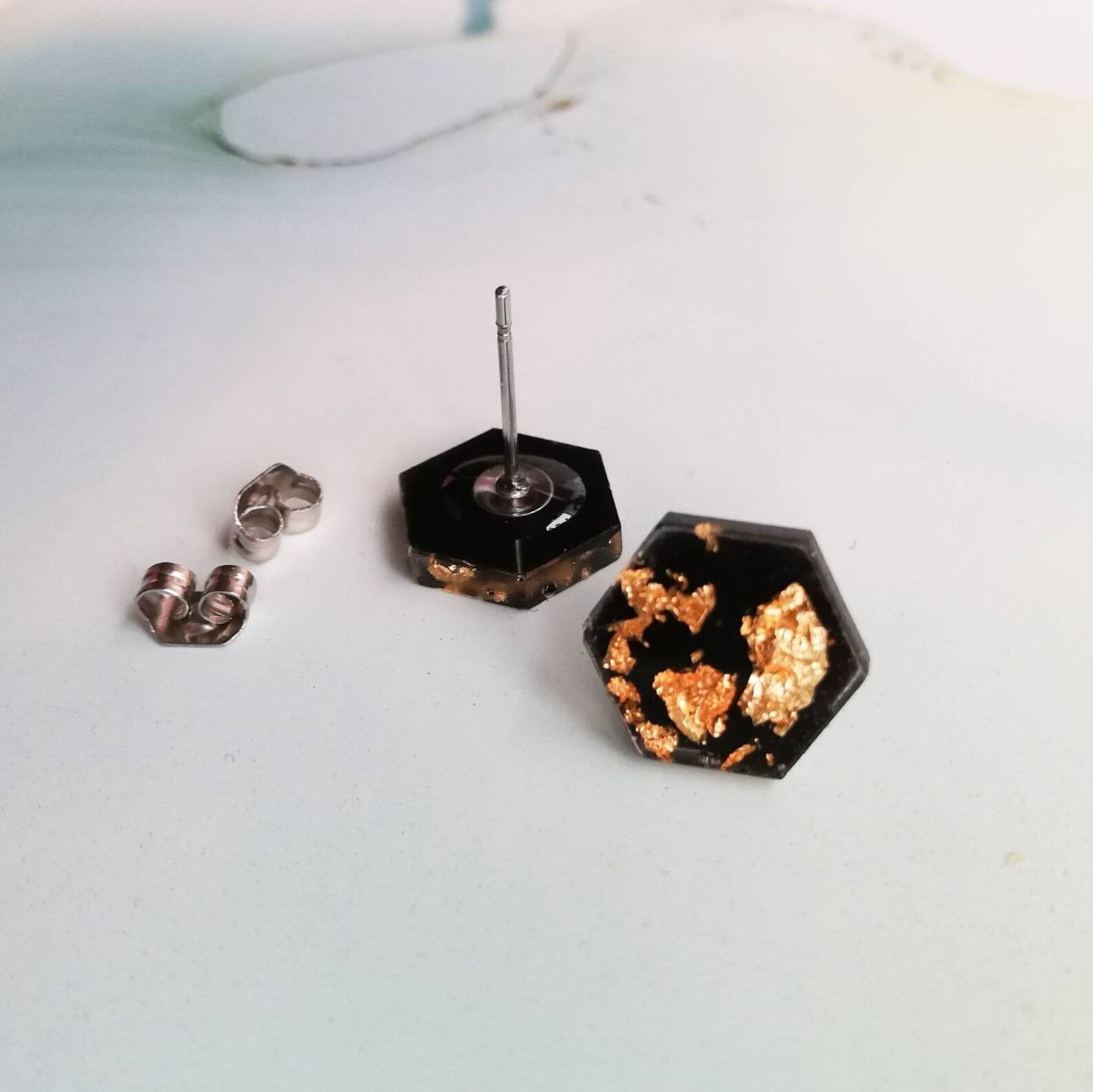 Handmade Hexagon Resin Stud Earrings Black and Encased Gold - Etsy UK