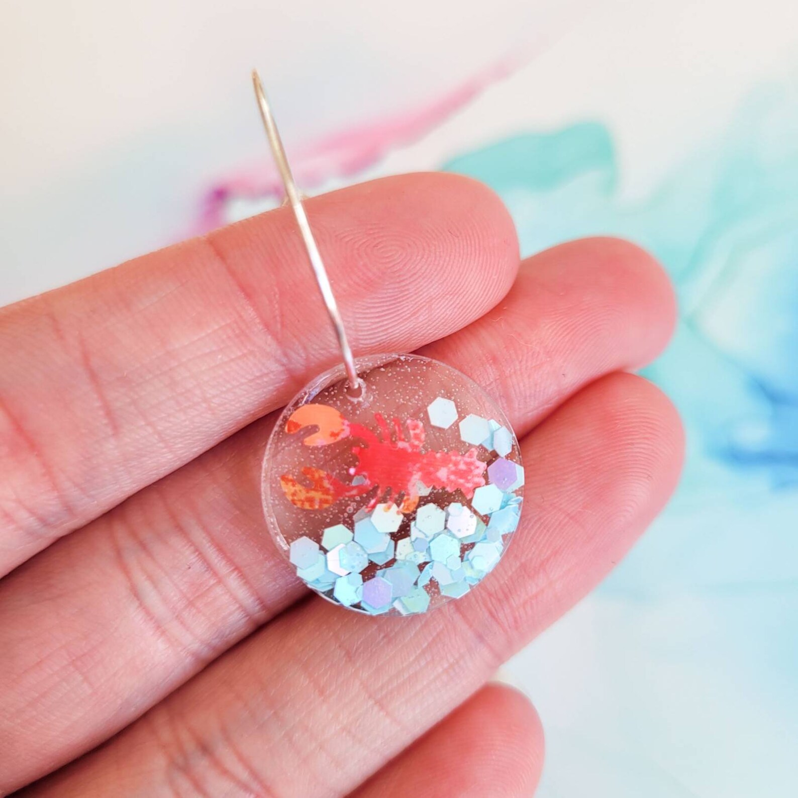 Handmade Lobster and Glitter Resin Charms on Silver Plated Hoop ...