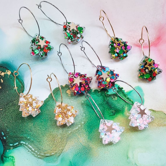 Handmade Glitter Christmas Tree Resin Charms on Gold Plated or Surgical Steel Hoop Earrings Women Earrings Etsy