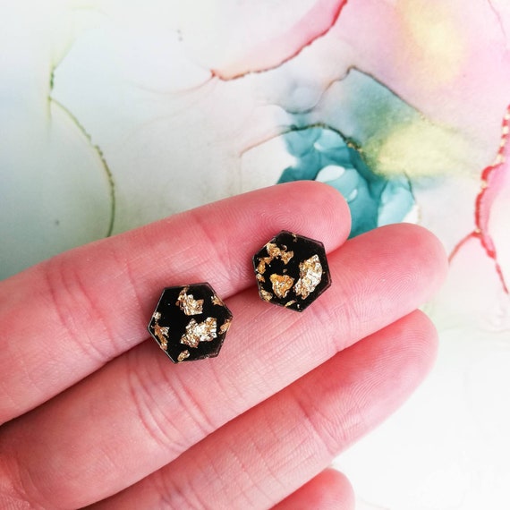 Handmade Hexagon Resin Stud Earrings Black and Encased Gold Leaf Women Earrings Surgical Steel Etsy