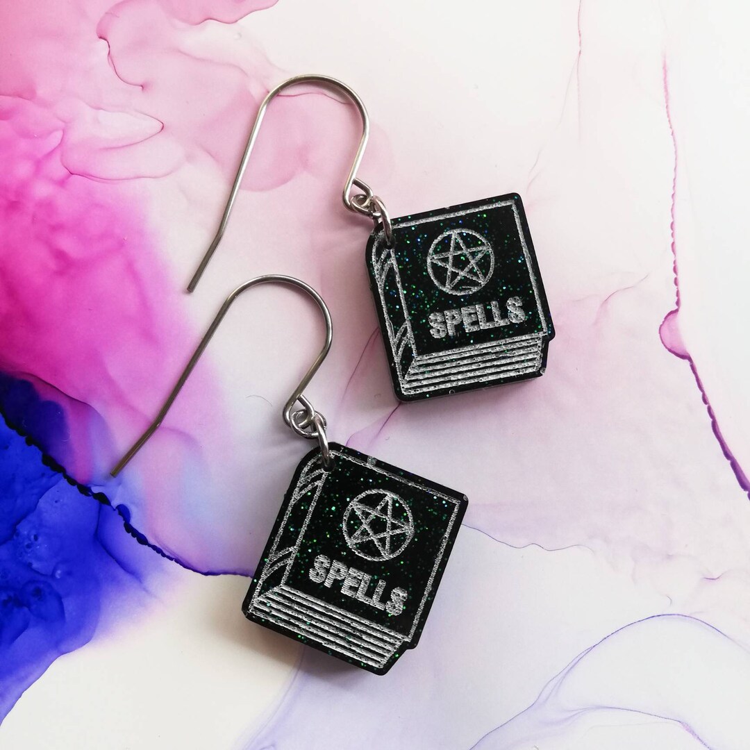 Handmade Halloween Spellbook Resin Earrings, Black and Holographic ...