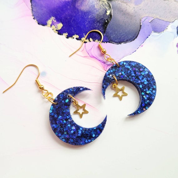 Handmade Glitter Moon and Stars Resin Earrings Dangle Drop - Etsy