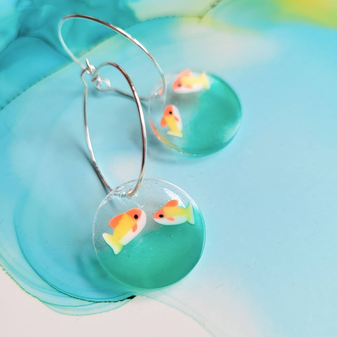 Handmade Goldfish Resin Charm Hoop Earrings, Summer Earrings - Etsy