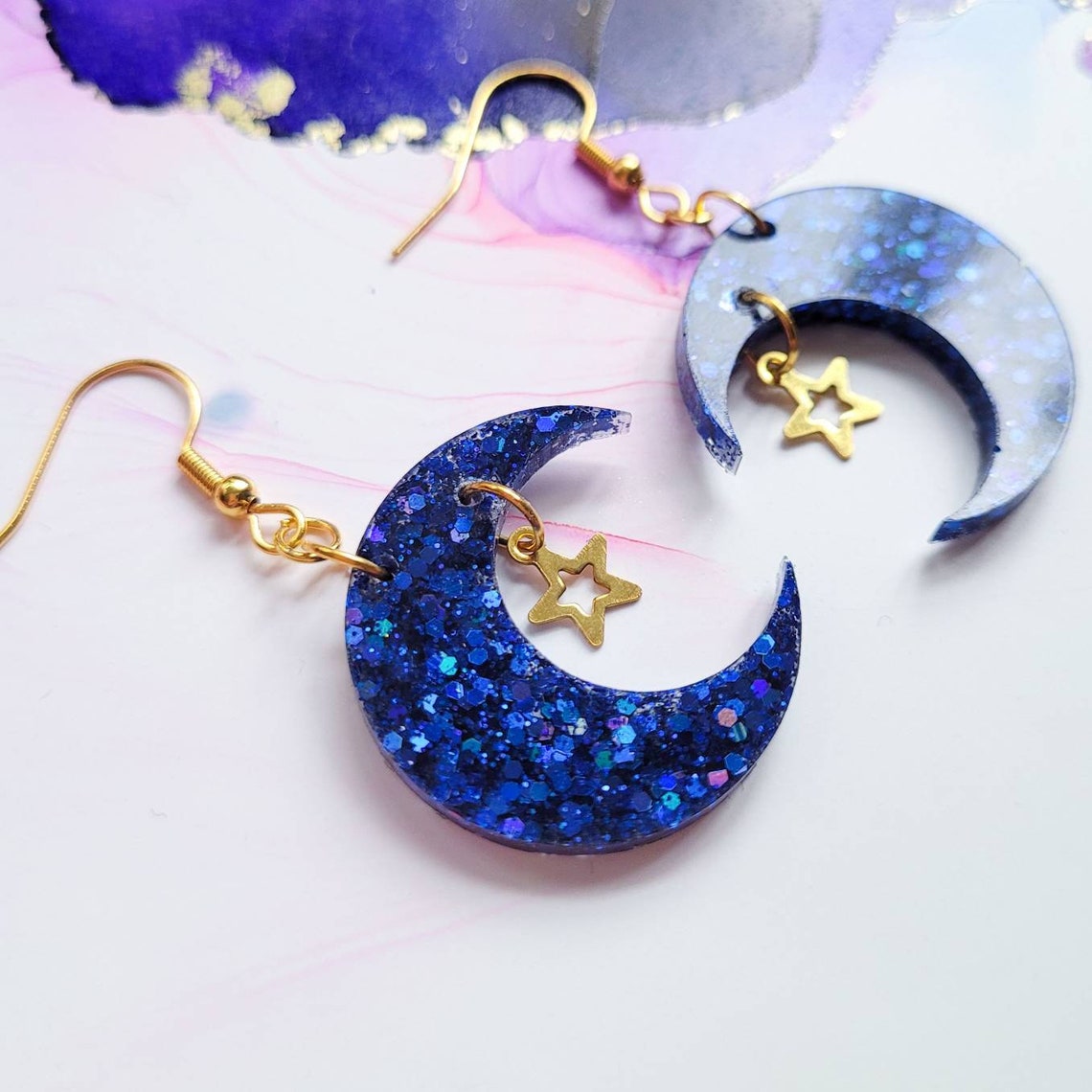 Handmade Glitter Moon and Stars Resin Earrings Dangle Drop - Etsy