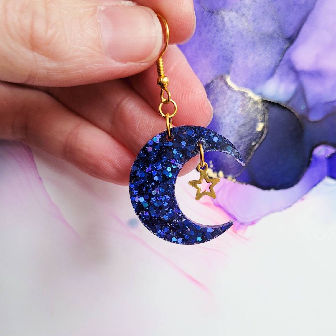 Handmade Glitter Moon and Stars Resin Earrings Dangle Drop - Etsy