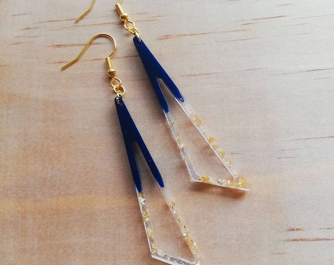 Handmade Long Drop Navy and Gold Triangle Resin Earrings - Etsy