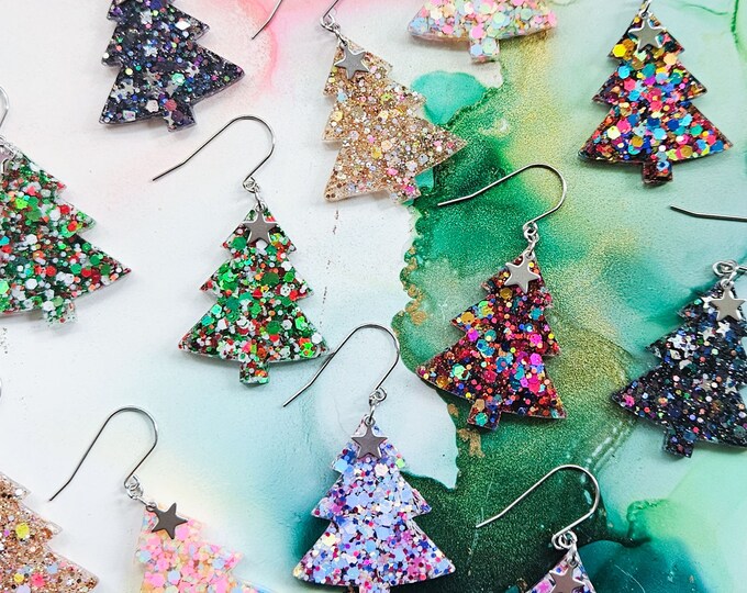 Handmade Dangle Drop Resin Christmas Tree Glitter Earrings, Star Charm ...