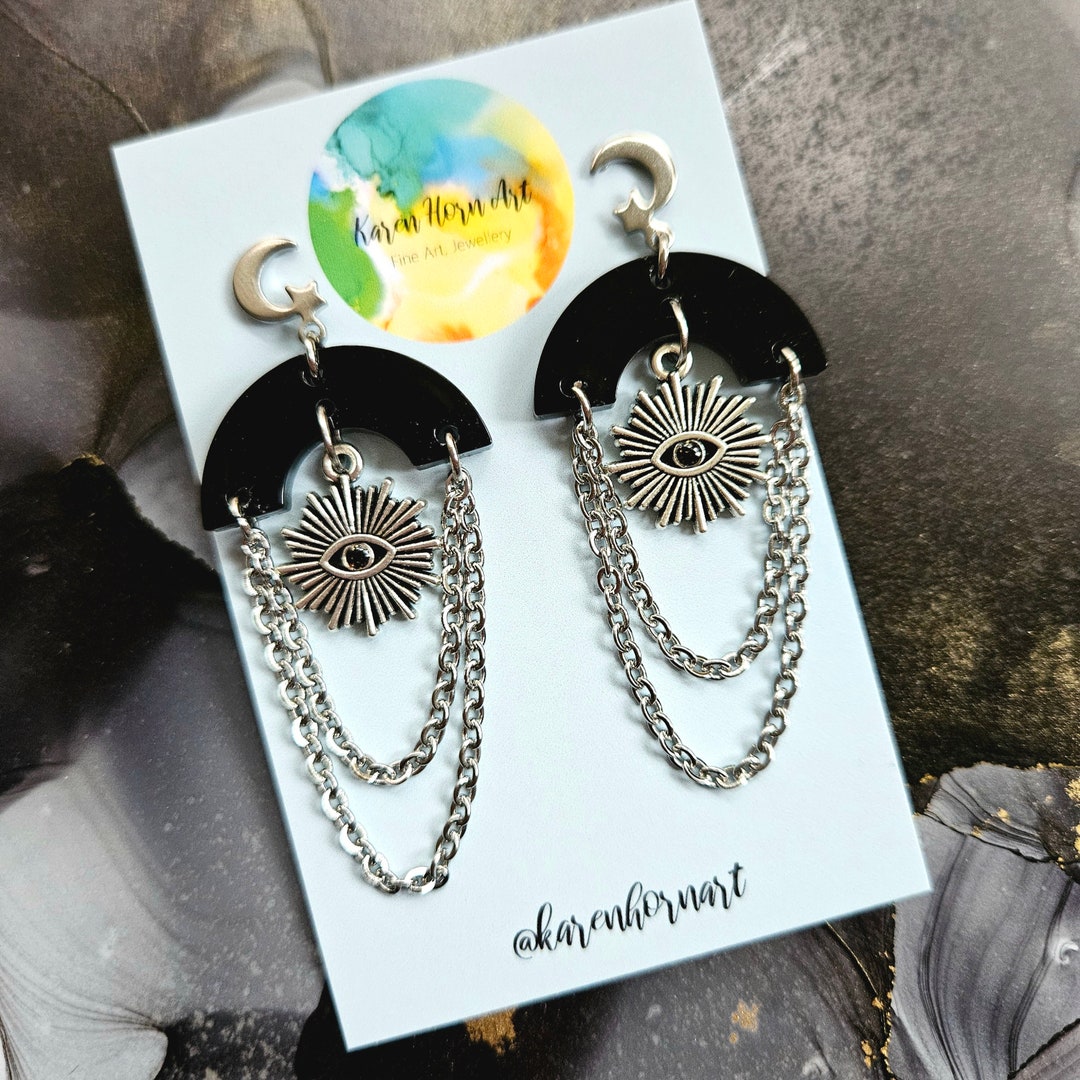 Handmade Grunge Drop Black Silver Resin and Chains Earrings - Etsy