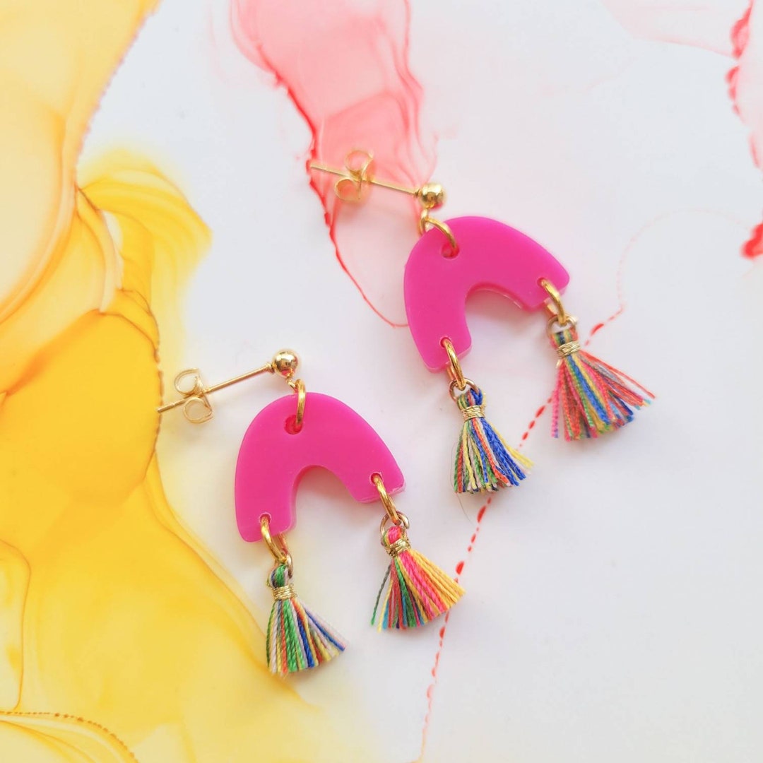 Handmade Pink Resin Arc Earrings, Rainbow Tassels - Etsy