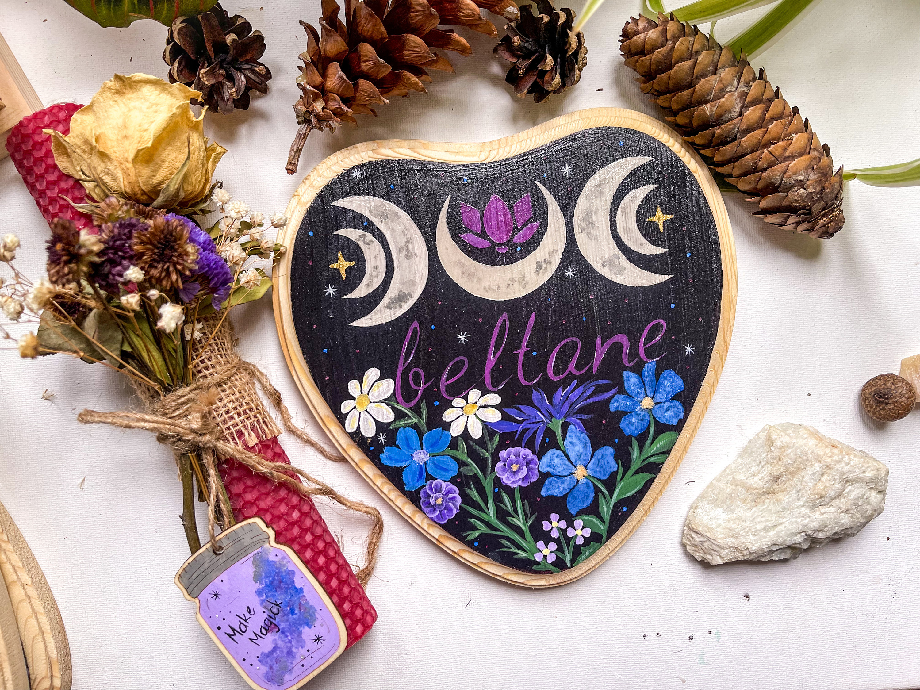 Beltane Altar Herbal Candle & Moon Cycles Hand-painted Ornament Bundle ...