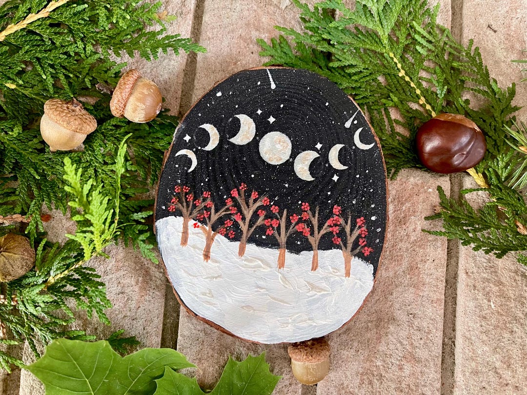 Yule Moon Phases Coaster Ornament - Hand-painted Winter Solstice Décor ...