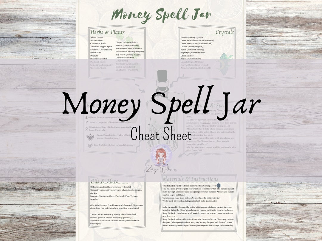 Money Spell Jar Printable Cheat Sheet | Grimoire Pages - Etsy