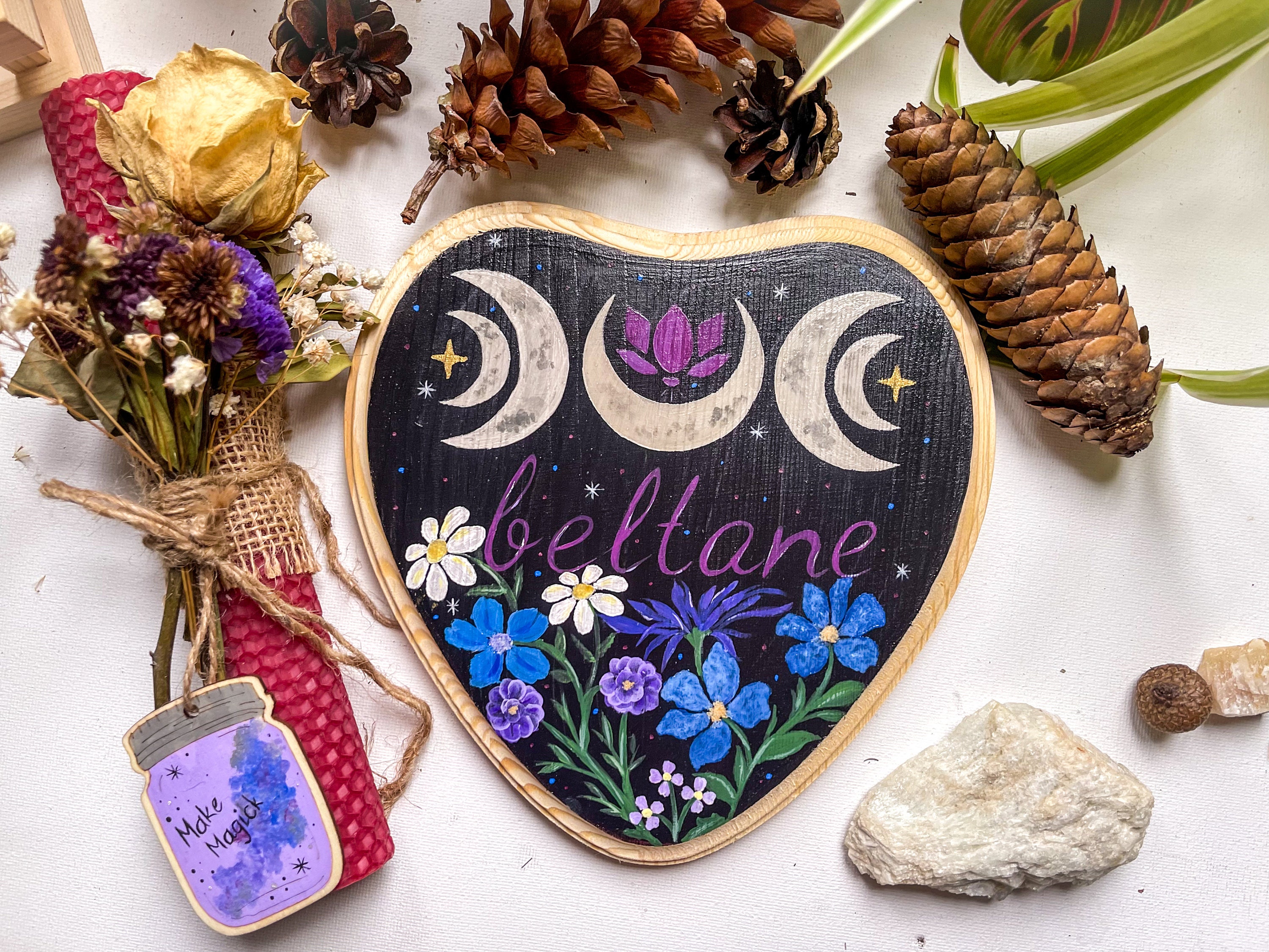 Beltane Altar Herbal Candle & Moon Cycles Hand-painted Ornament Bundle ...