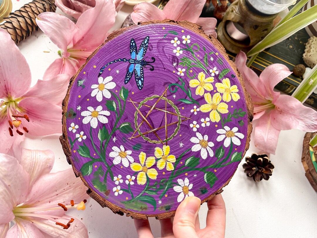 Wooden Hand Painted Pentagram Floral Dragonfly Pagan Art & Altar ...
