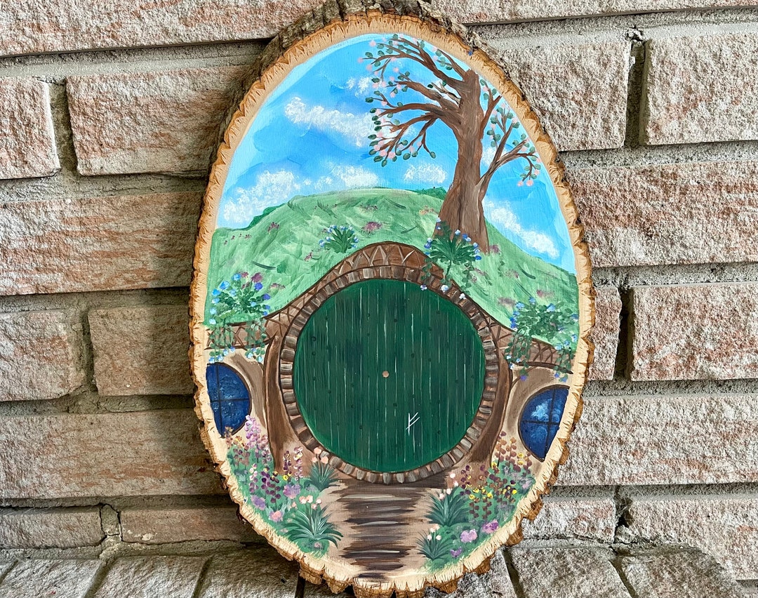 Hand-painted Hobbit Hole Art on Natural Wood Slice - Rustic Fantasy ...