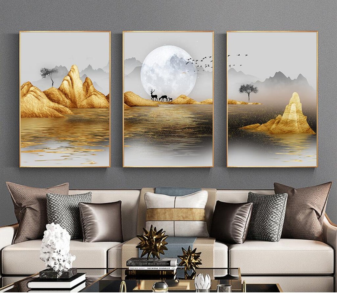Modern Canvas Art Mural Wallpaper Landscape Lake and Wavy Lines ...