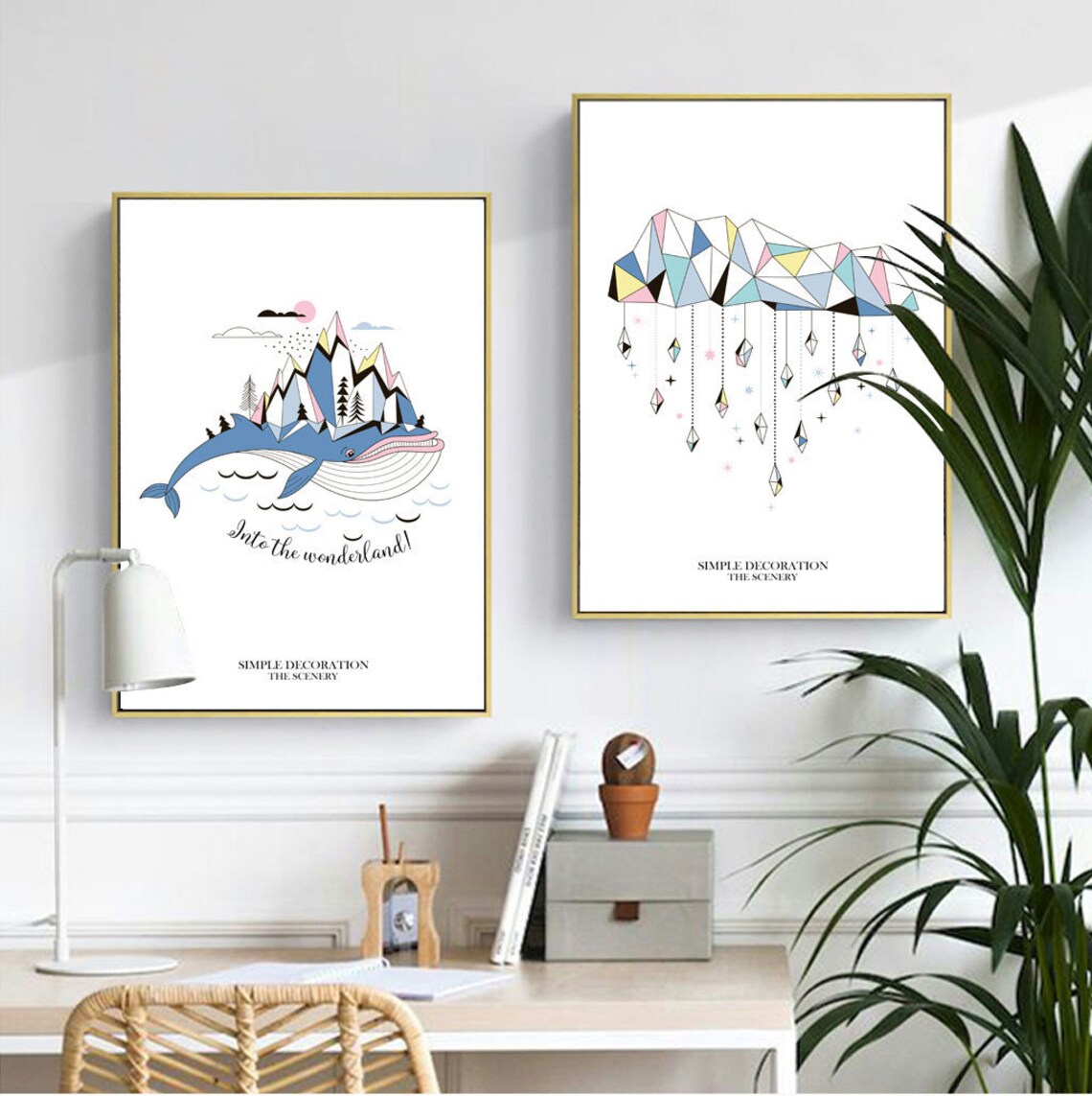 Set of 2 Geometric Whale Art Printable Colorful Geometric - Etsy