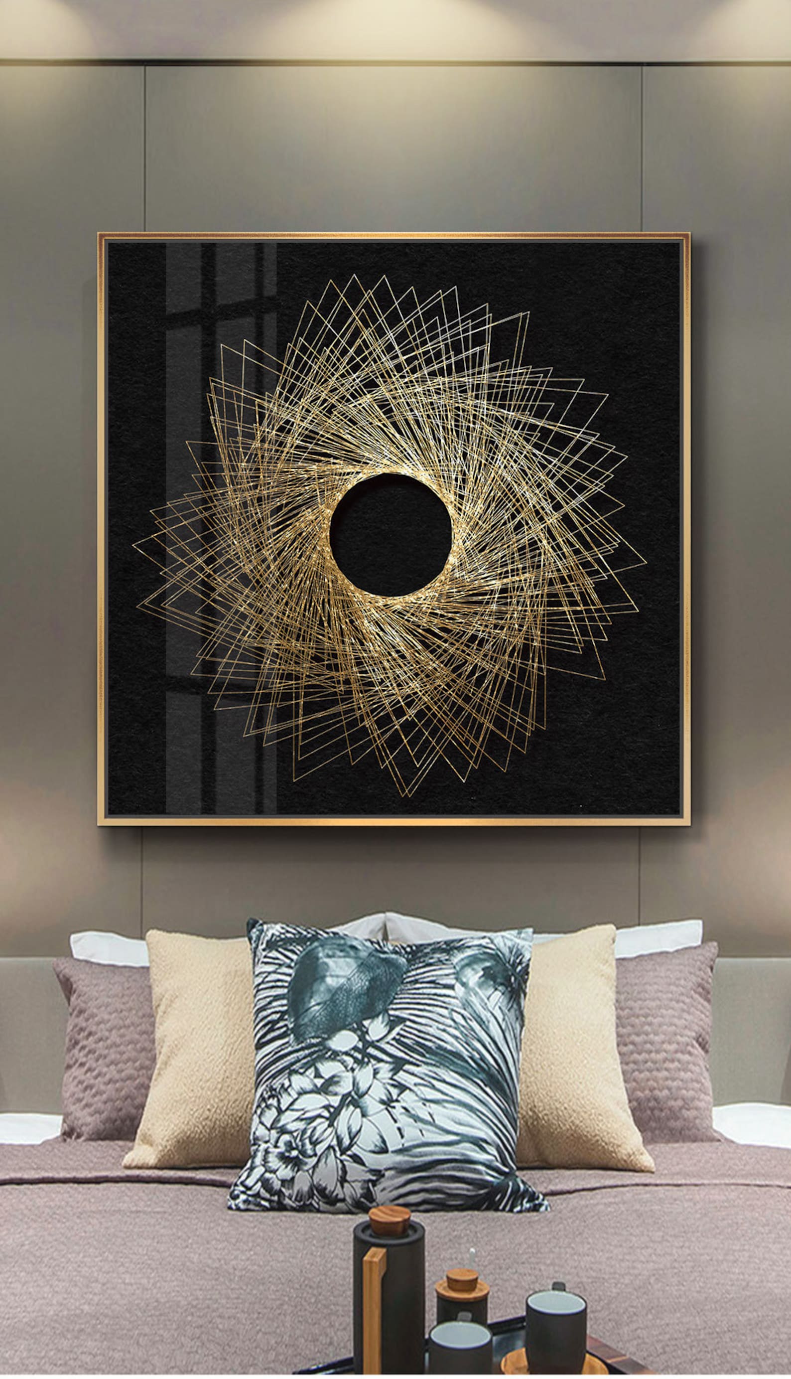 Symmetric Geometry Gold Lines Spinning Around Center Illustration, Wall ...