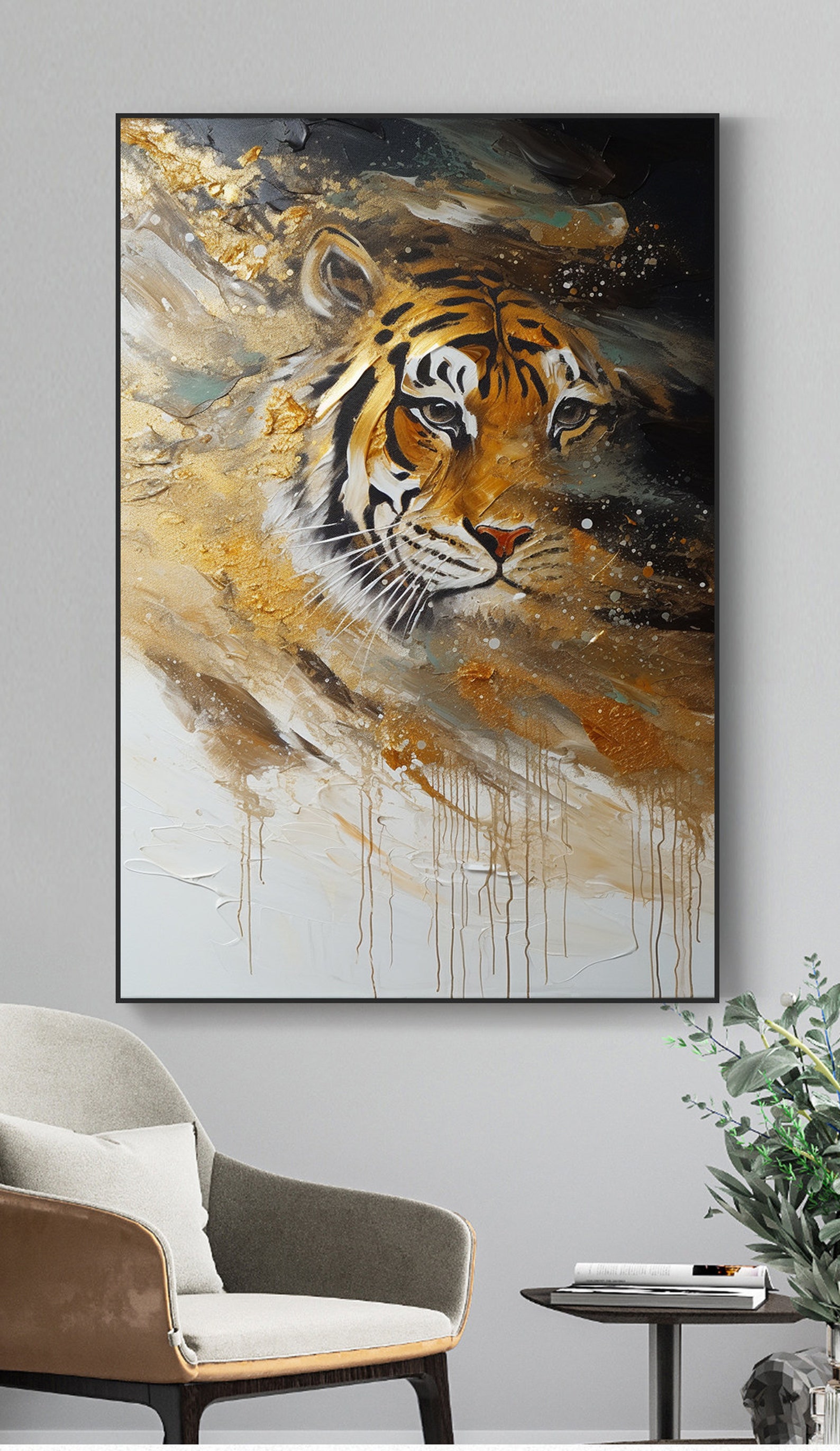 Luxurious Wildlife Charm: Tiger Oil Painting With Gold Details, Digital ...