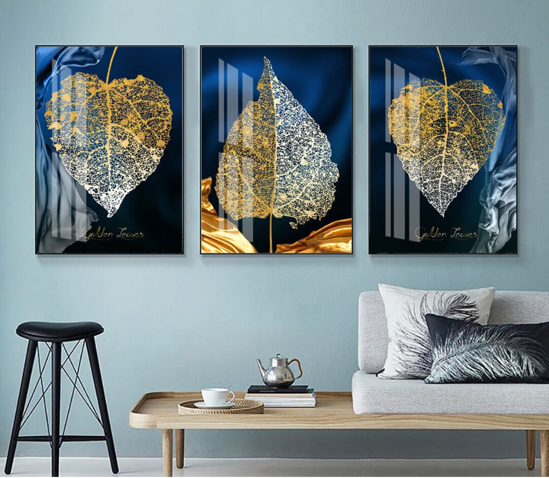 3 Sets of Autumn Gold Leaf, Golden Leaves Printable, Luxury Wall Art ...