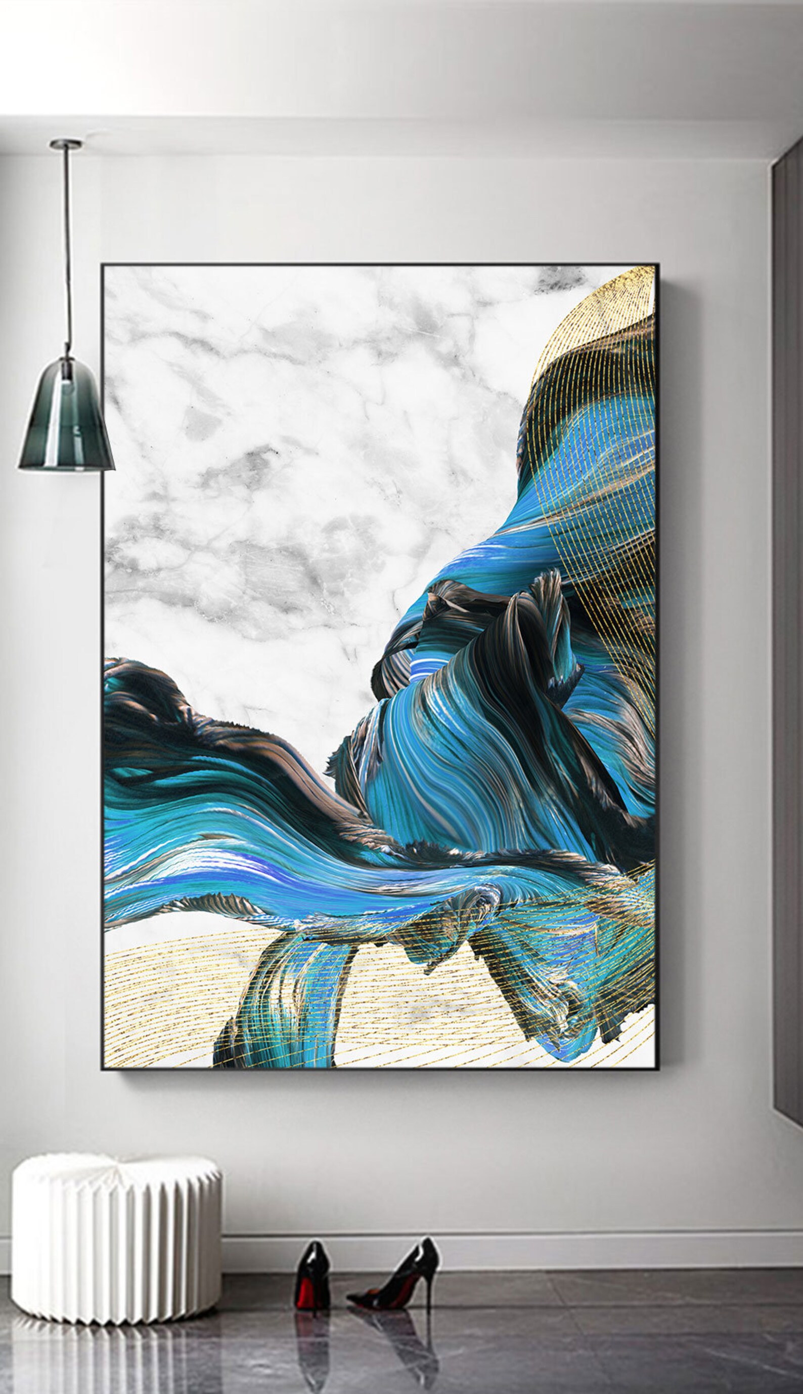 Blue Gold Lines Abstract Art, Printable, Scandinavian Wall Art, Lines ...