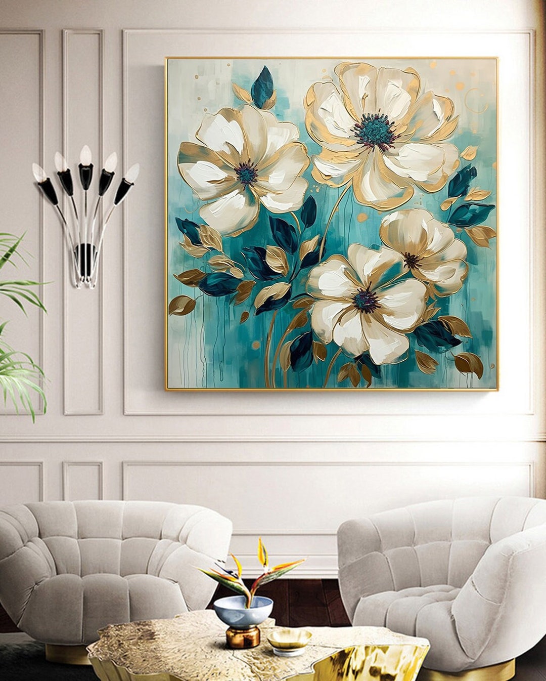 Artistic Home Enhancement: Square Wall Art, Teal Flower Oil Painting ...