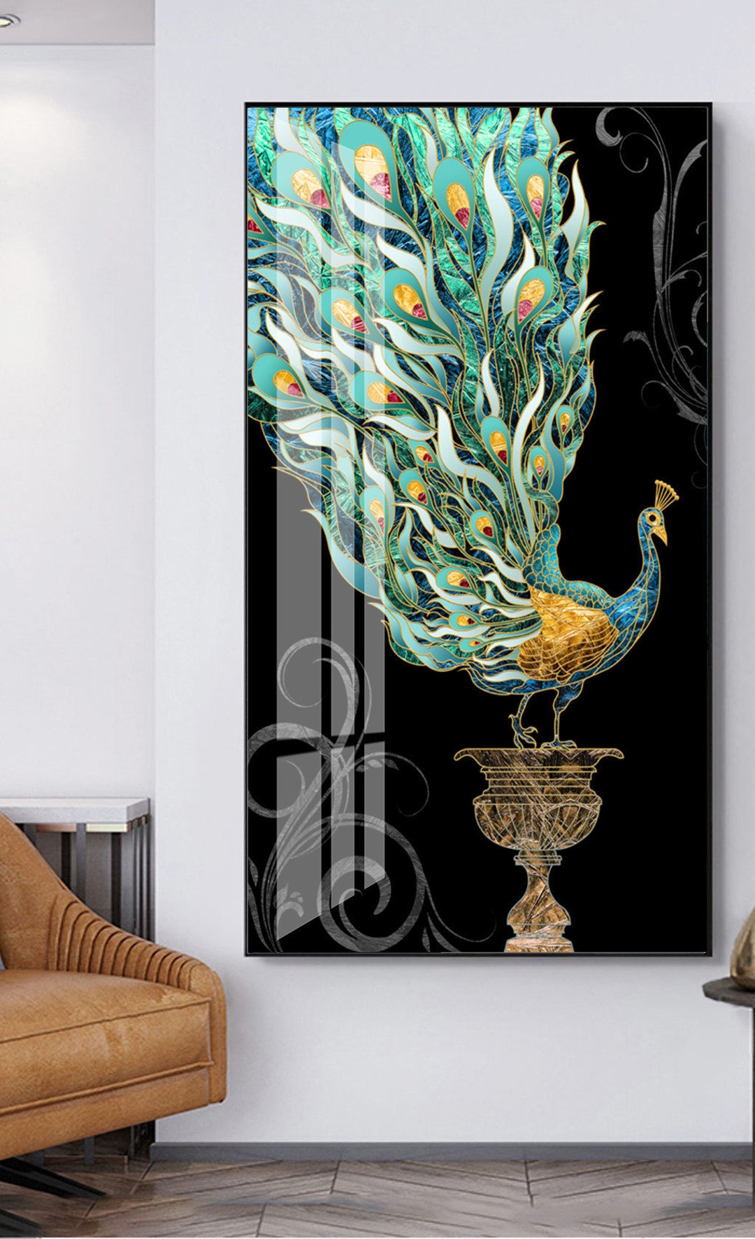 Peacock Bird Wall Art Printable, Gold Line Print With Black Background ...