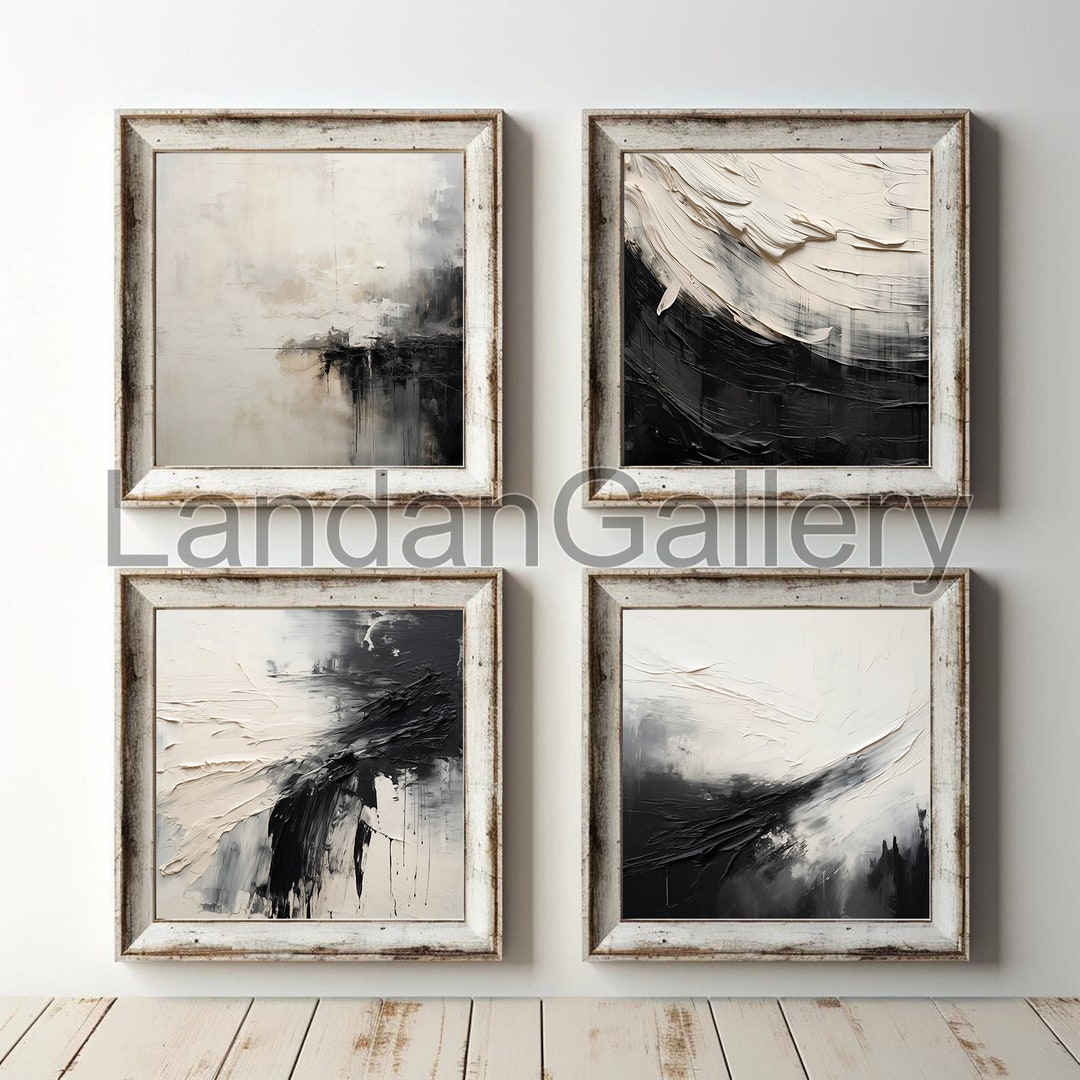 4 Abstract Paintings in Black & White Style, Soft Brushstroke Realism ...