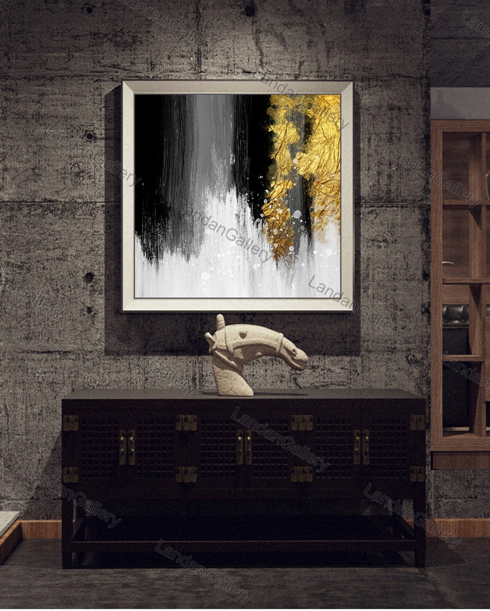 Abstract Square Wall Art Printable Black and White Golden | Etsy